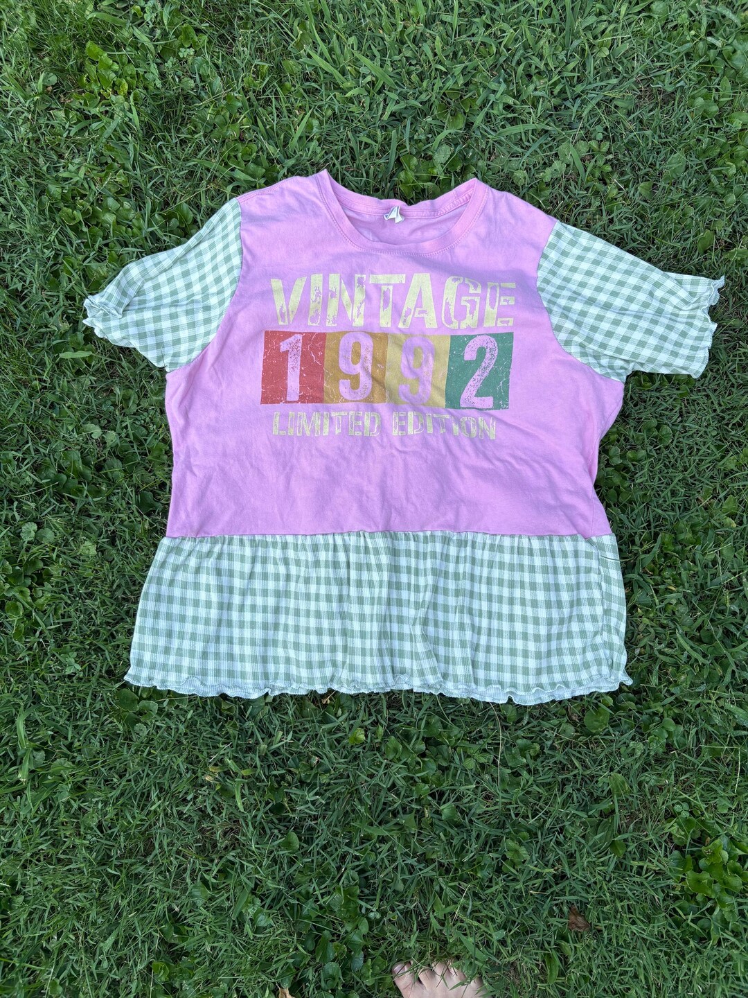 Reworked Vintage 1992 Graphic Tee: Gingham Ruffle Upcycled T-shirt 34th ...