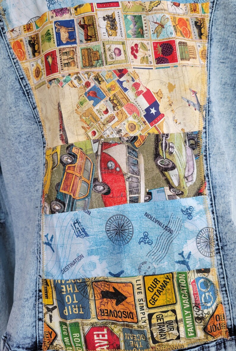 Handmade Upcycled Jean Jacket With Travel Motif and Distressed Style ...