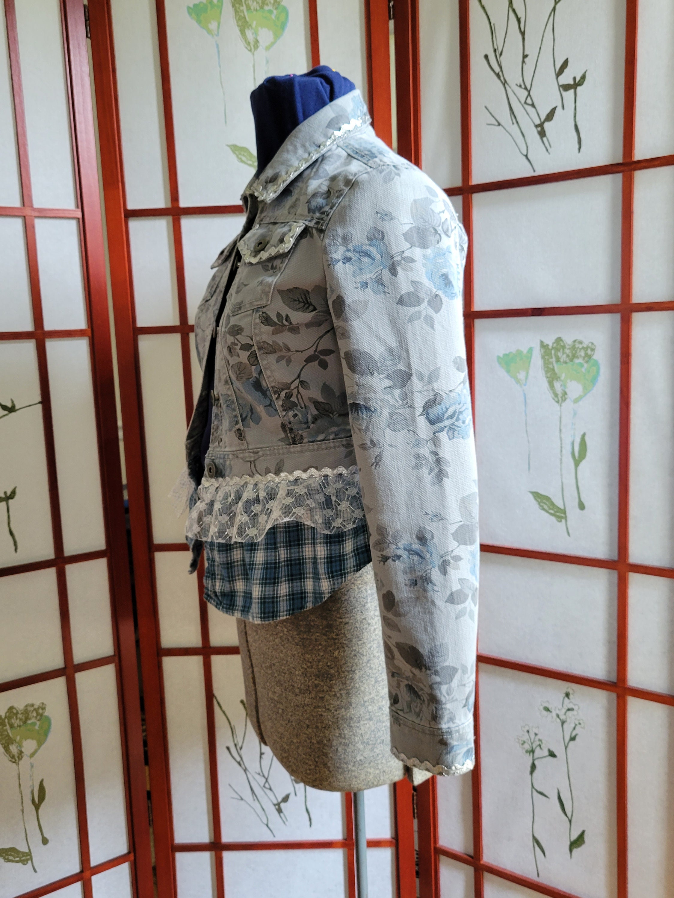 Redesigned Flower and Heart Jean Jacket With Flannel and Lace Trim ...