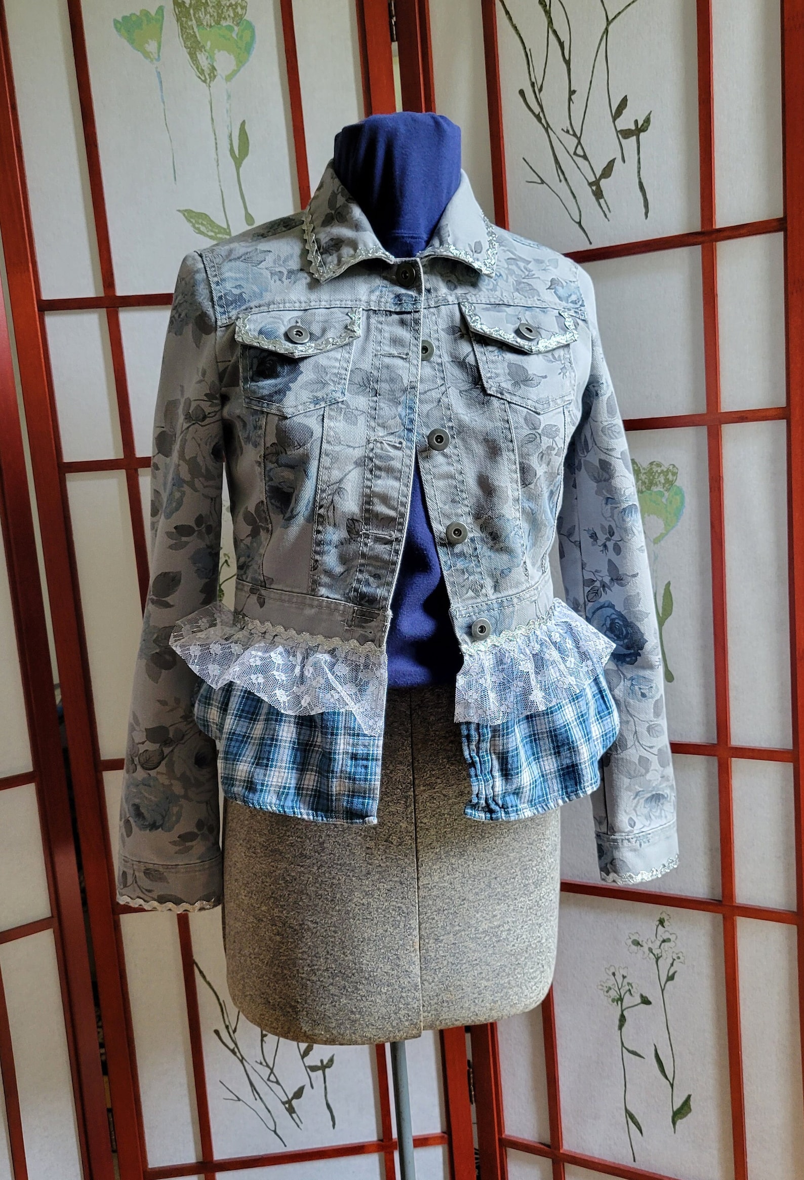 Redesigned Flower and Heart Jean Jacket With Flannel and Lace Trim ...