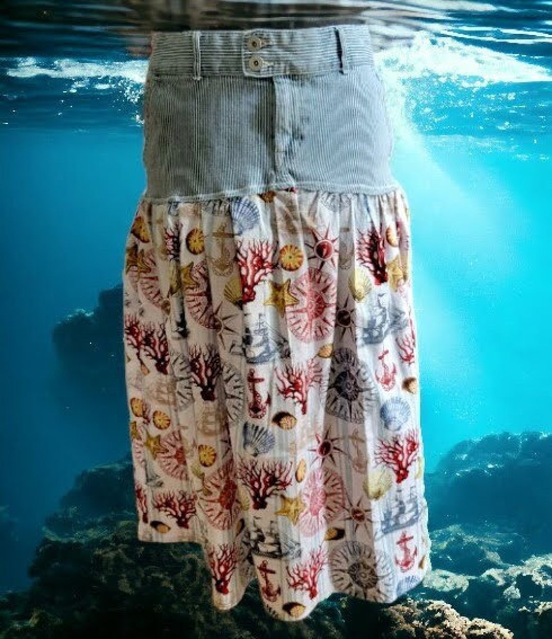 Nautical Midi Jean Skirt - Upcycled From Striped Jeans With Compass ...