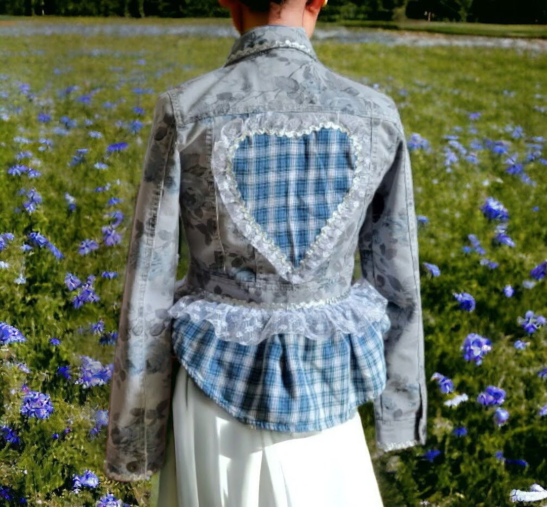 Redesigned Flower and Heart Jean Jacket With Flannel and Lace Trim ...