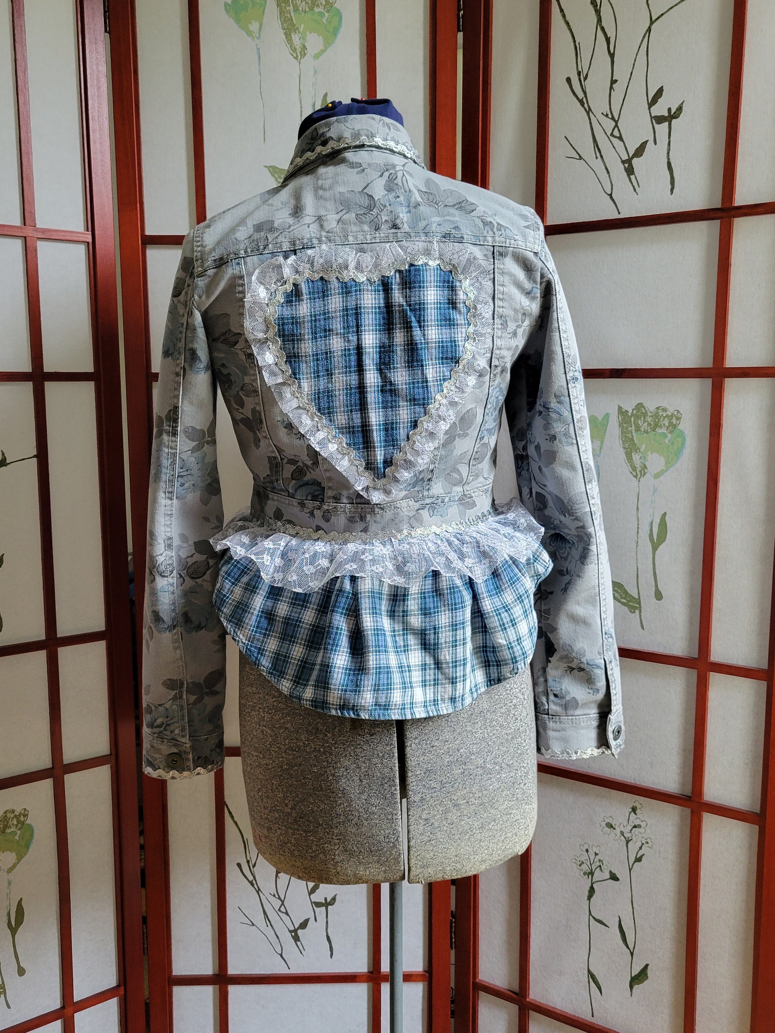 Redesigned Flower and Heart Jean Jacket With Flannel and Lace Trim ...