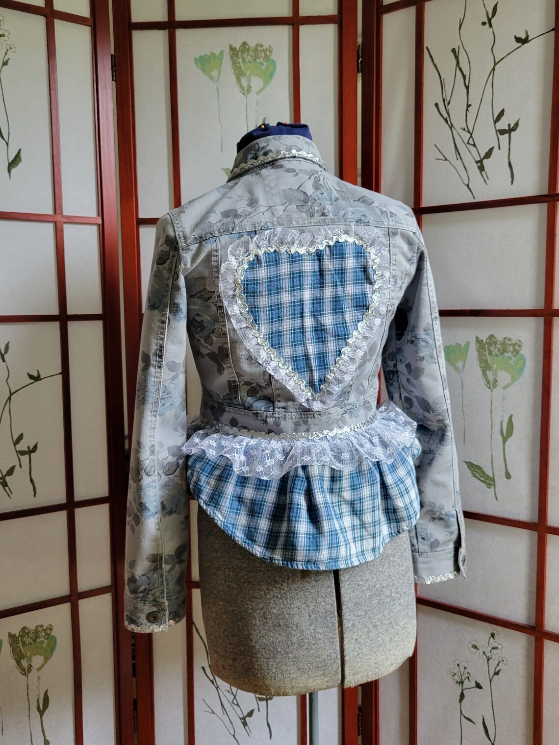 Redesigned Flower and Heart Jean Jacket With Flannel and Lace Trim ...