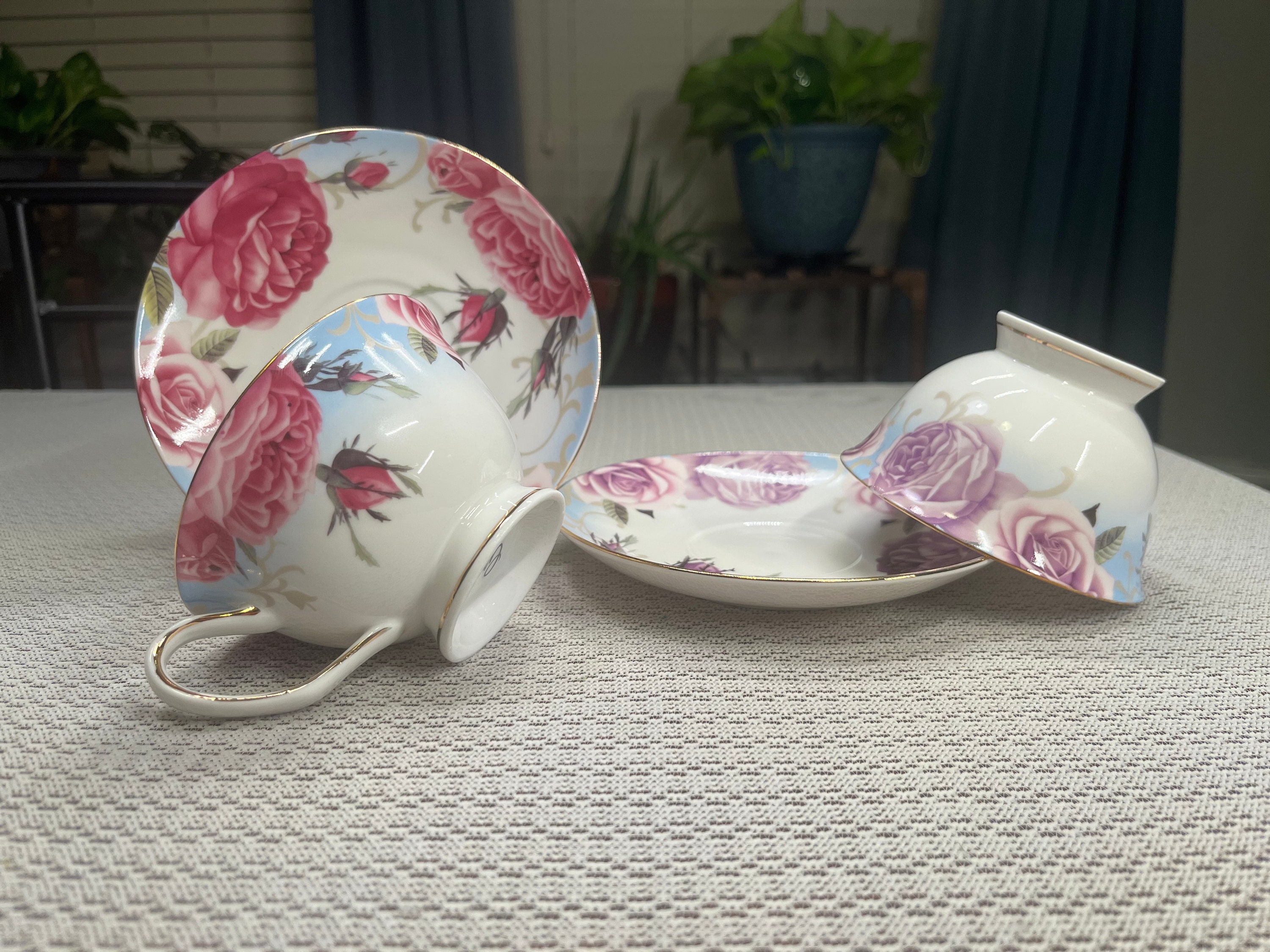 Porcelain Roses Tea Cup and Saucer Set by Grace Lavender and Pink Roses ...