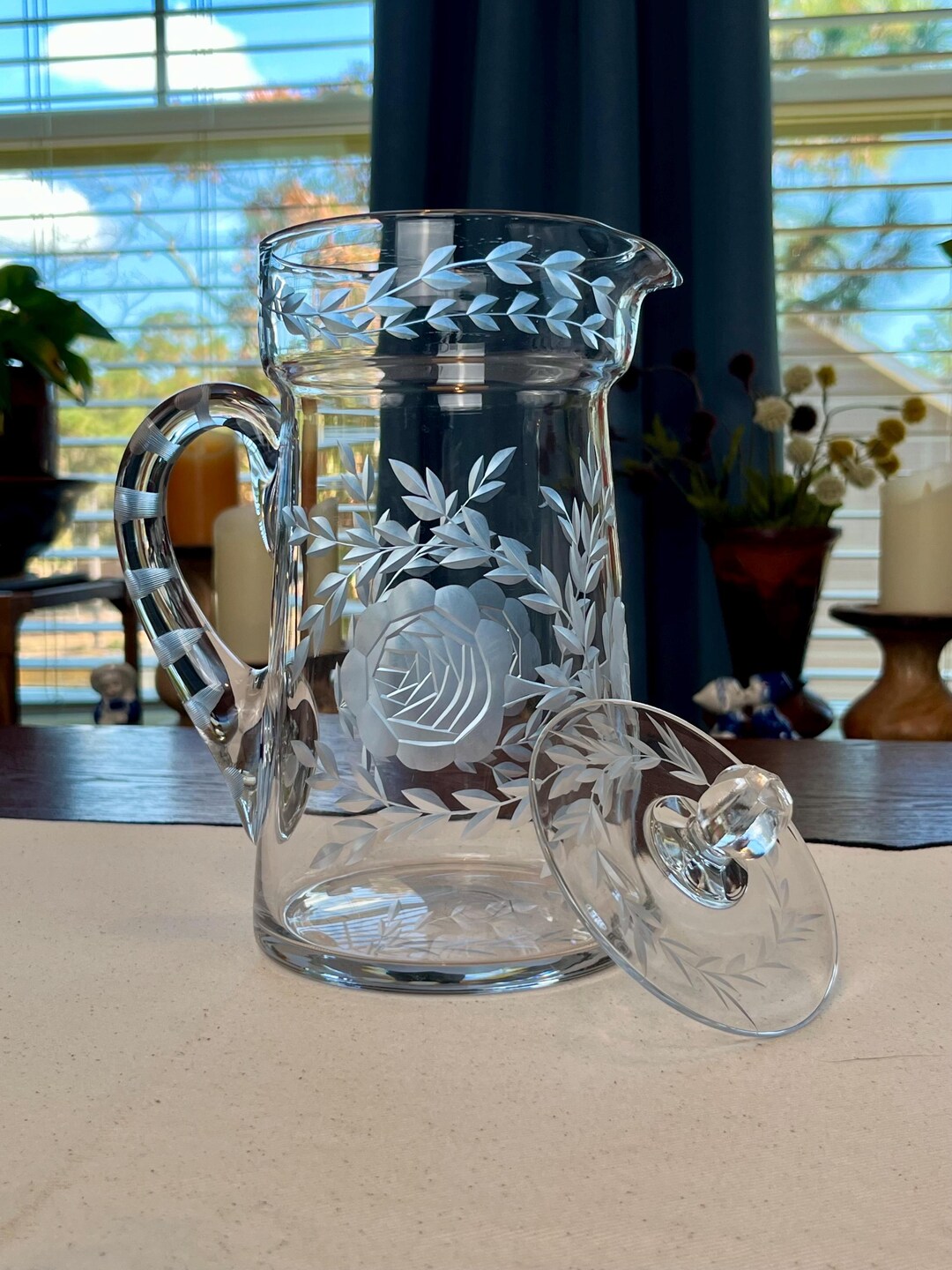 Vintage Etched Glass Pitcher With Glass Lid Rose Etched Carafe - Etsy