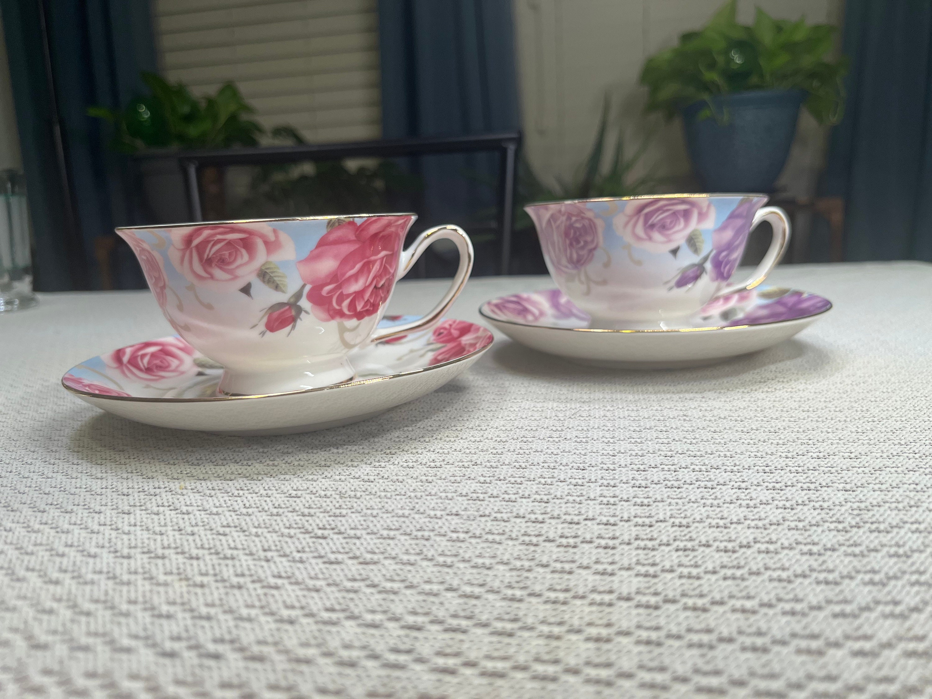 Porcelain Roses Tea Cup and Saucer Set by Grace Lavender and Pink Roses ...