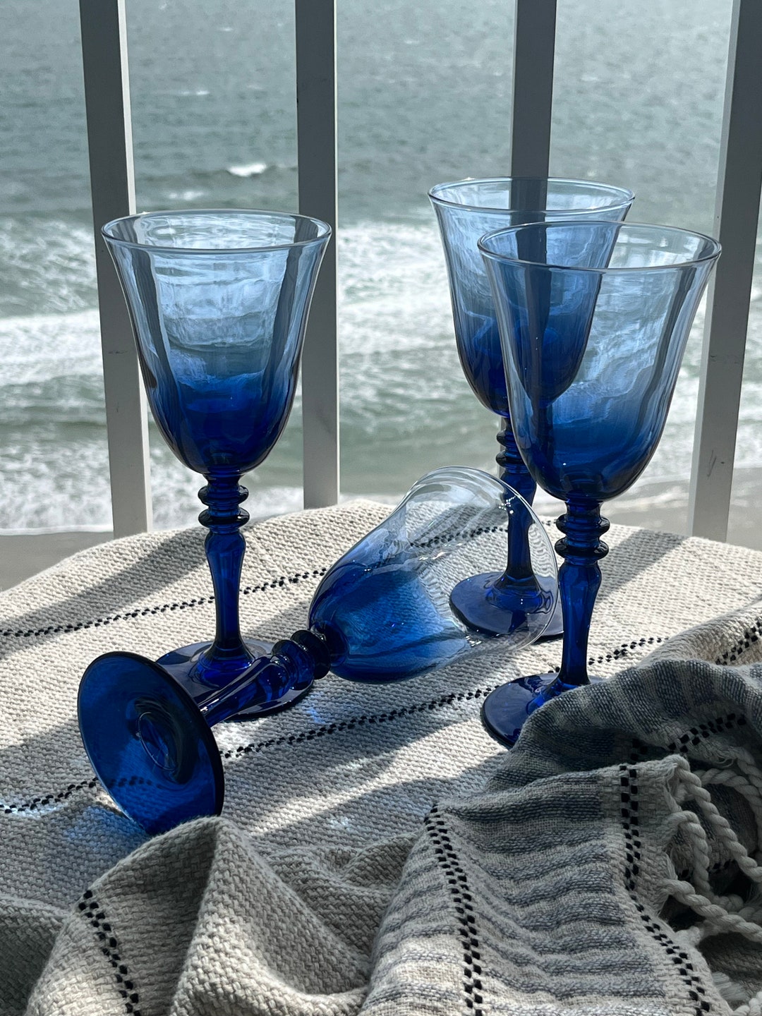 Vintage Cobalt Blue Wine Glass With Art Deco Stem Retro Blue Goblets - Etsy