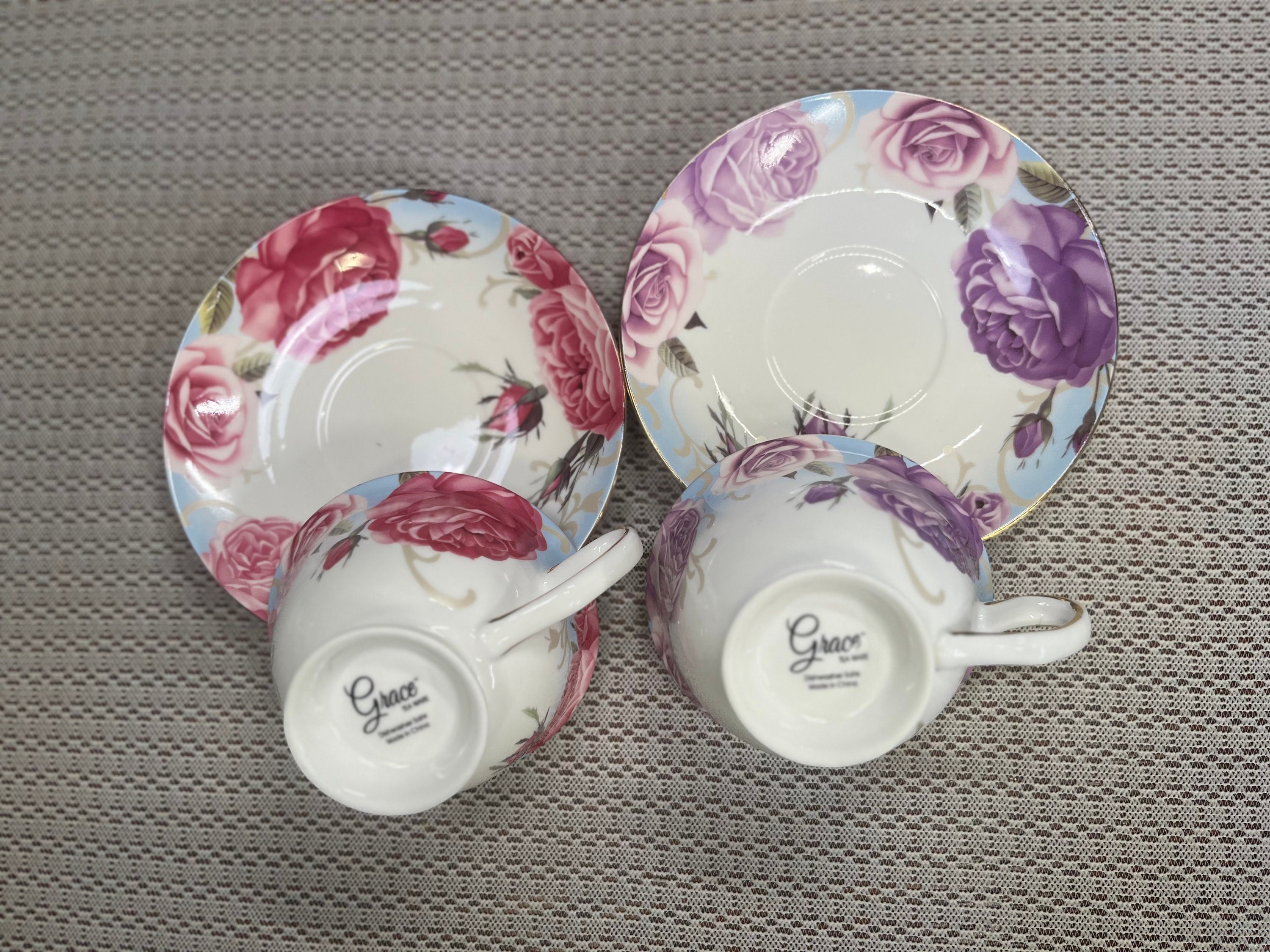 Porcelain Roses Tea Cup and Saucer Set by Grace Lavender and Pink Roses ...