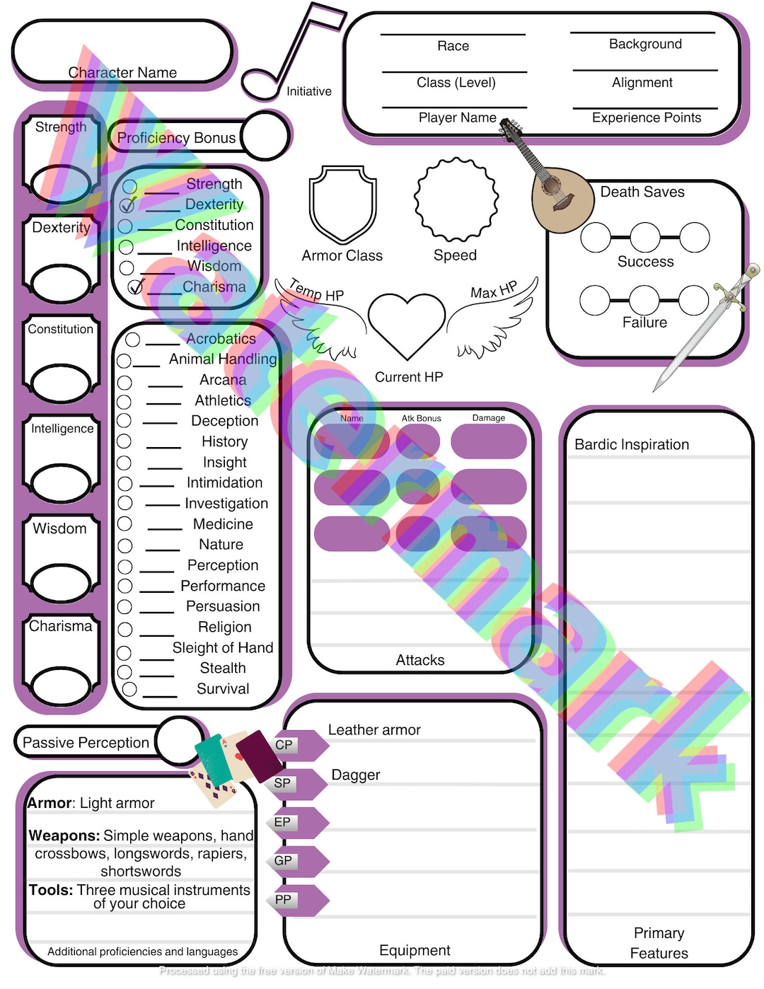Bard Character Sheet Template - Etsy