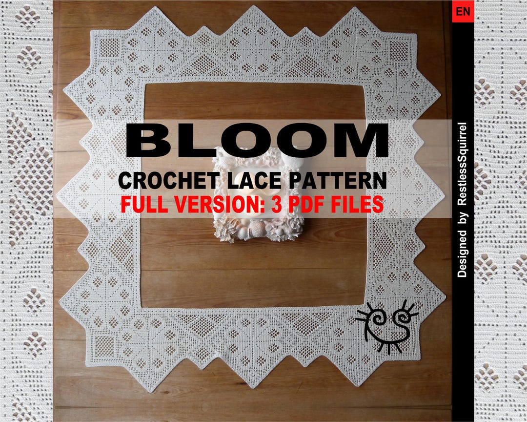 PATTERN: Crochet Lace “BLOOM” - Full-perimeter Filet Edging for a Tablecloth, Vintage Style, US ...