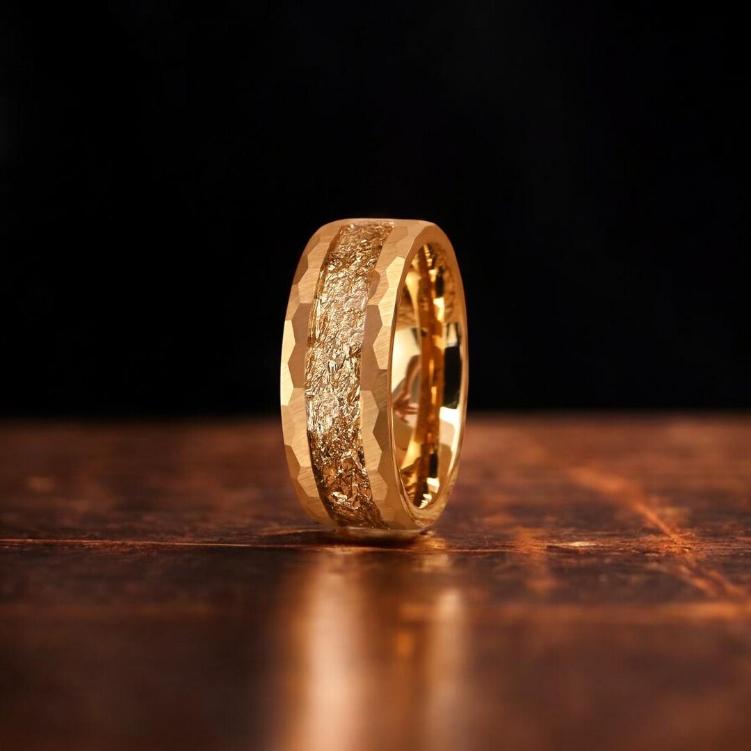 Hammered Gold Leaf Inlaid: Men Tungsten Ring, Wedding Bands, Unique ...