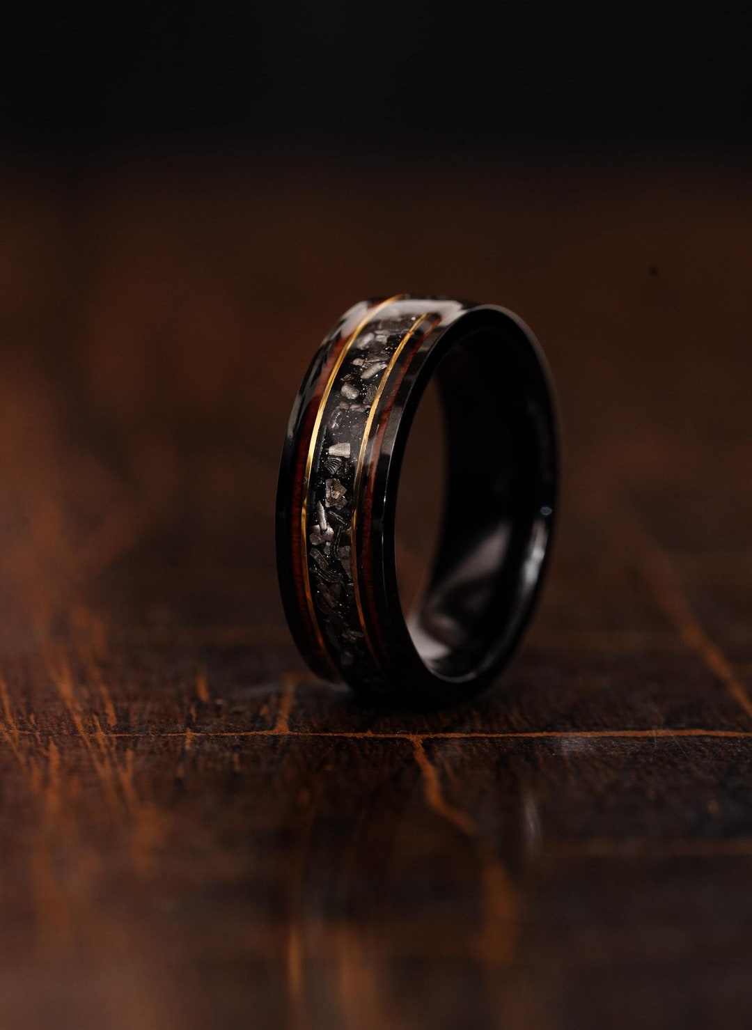 Meteorite Wedding Band Meteorite & Wood Inlay Ring Gold Sleek Lines ...