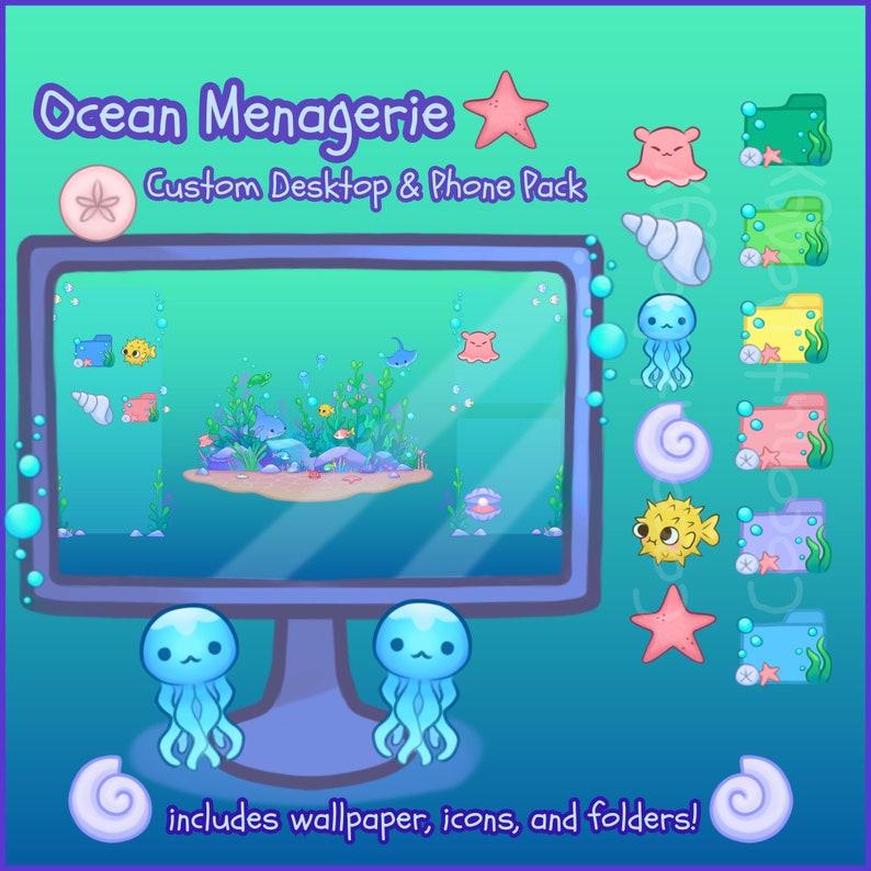 Ocean Menagerie Desktop & Phone Theme Pack Custom Organizer Set With ...
