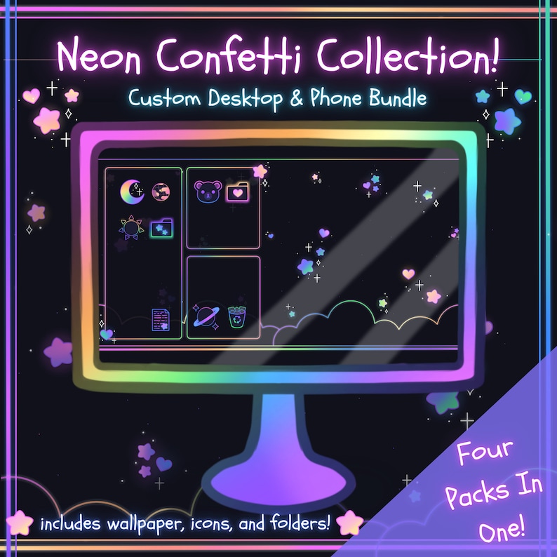 Neon Confetti Collection Desktop & Phone Theme Bundle Custom Organizer Set With Wallpaper Icons ...