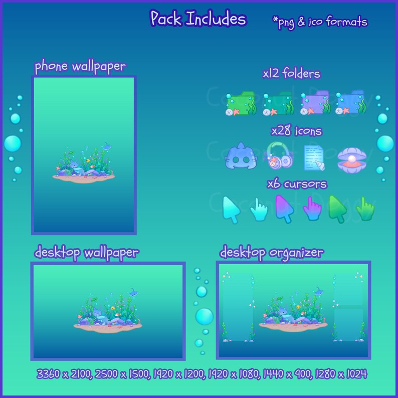 Ocean Menagerie Desktop & Phone Theme Pack Custom Organizer Set With Wallpaper Icons, Folders ...