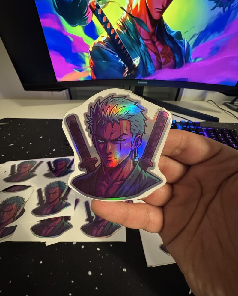 Zoro Anime Stickers | Neon Samurai Vinyl Decal | One Piece Fanart ...