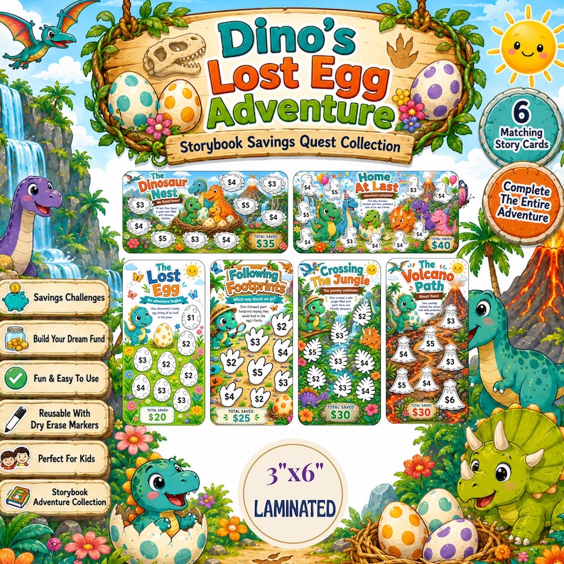 Dinosaur Savings Challenge Bundle for Kids | Laminated Savings Tracker ...