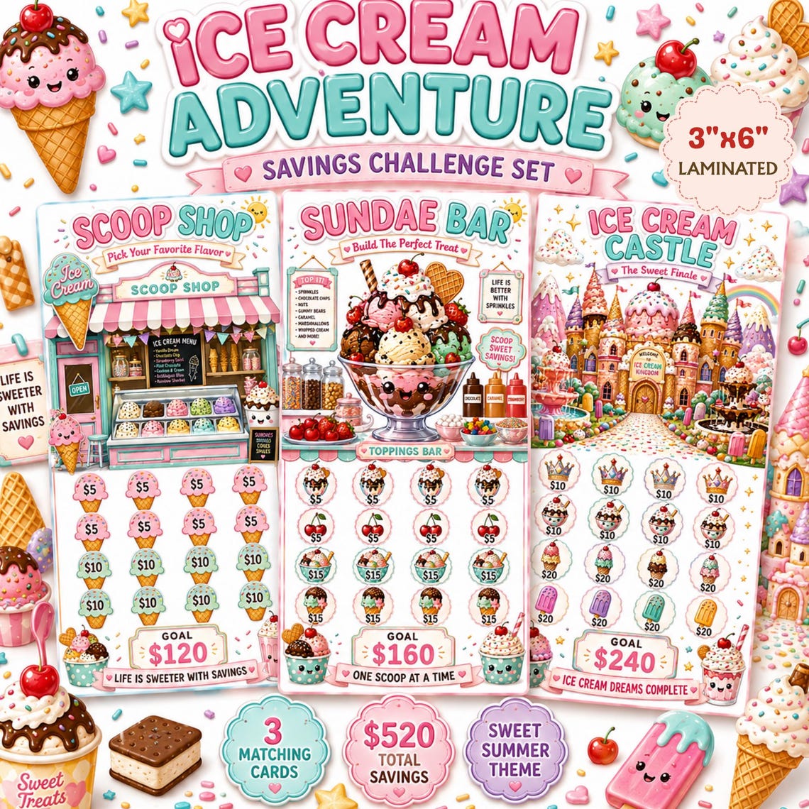 Ice Cream Savings Challenge 3 Card Set | Laminated 3x6 Savings ...