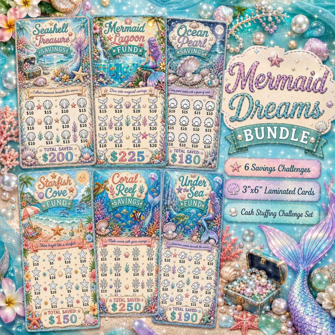 Mermaid Savings Challenge Bundle | Laminated Cash Stuffing Tracker Set ...