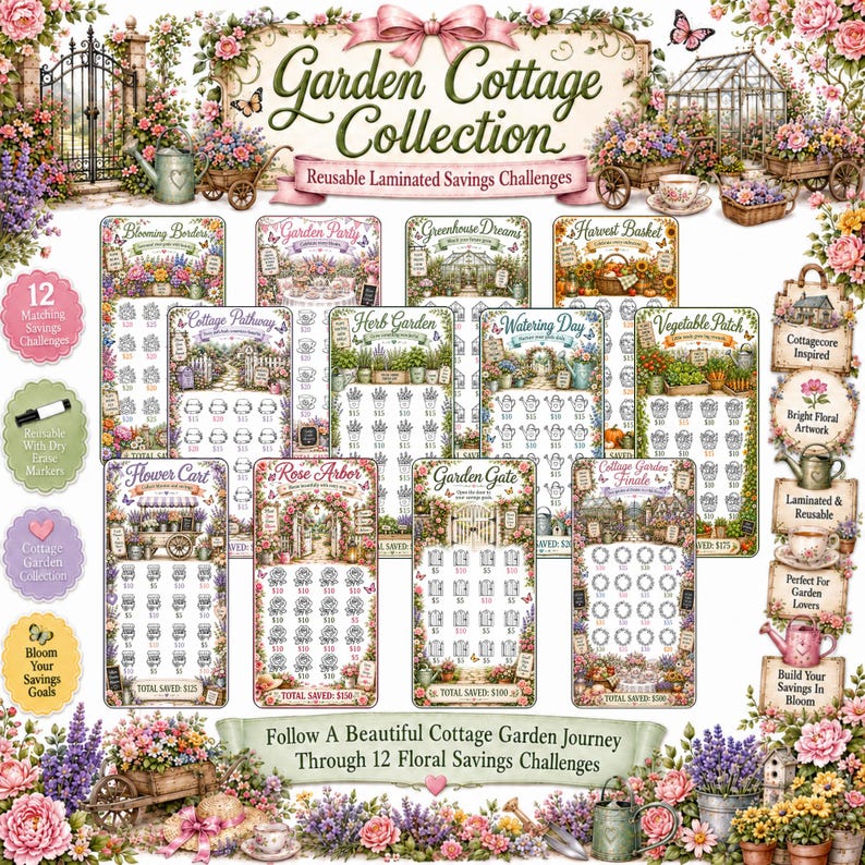 12 Reusable Laminated Savings Challenge Cards | Cottagecore Floral ...