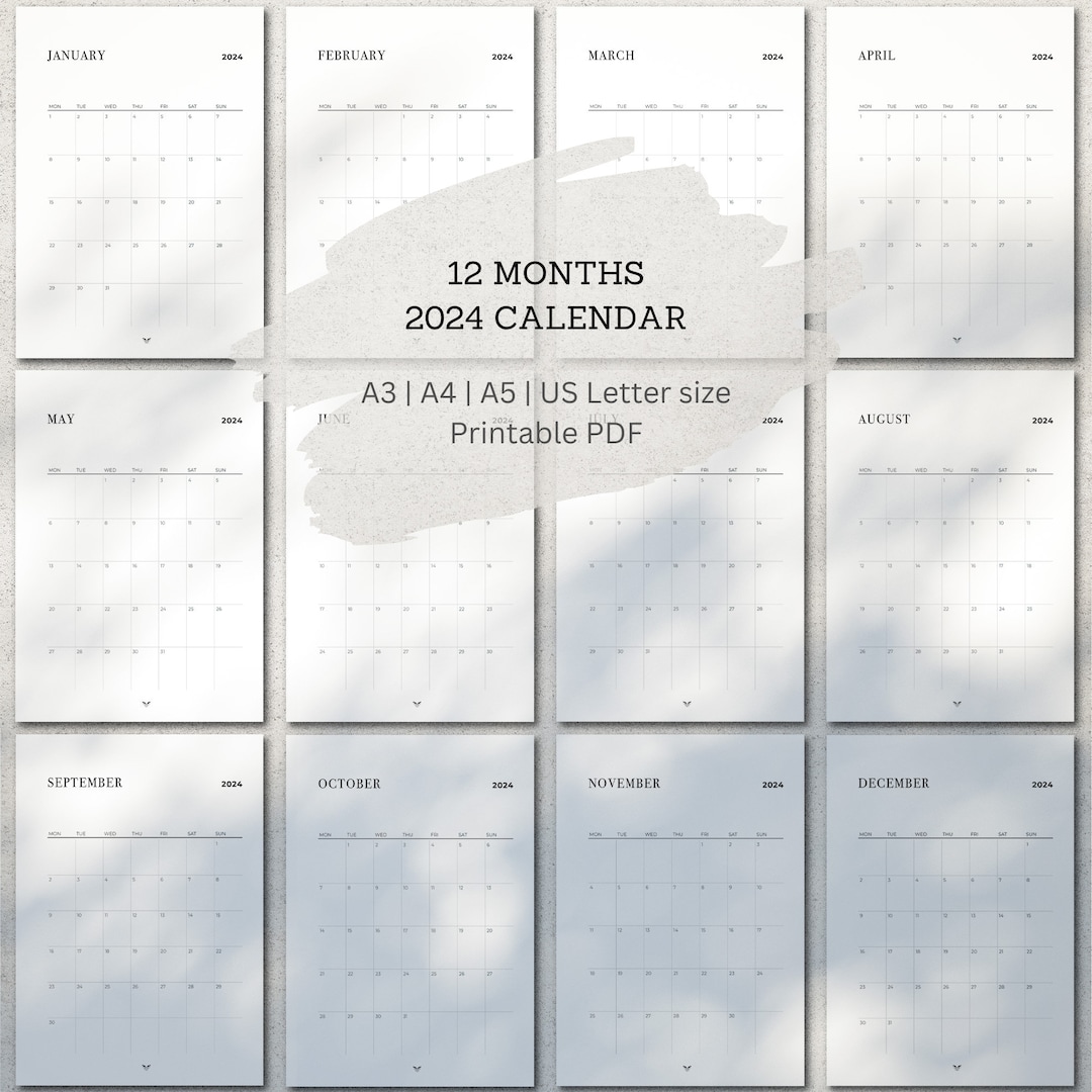 2024 Minimalist Monthly Calendar Monday Start January to December ...