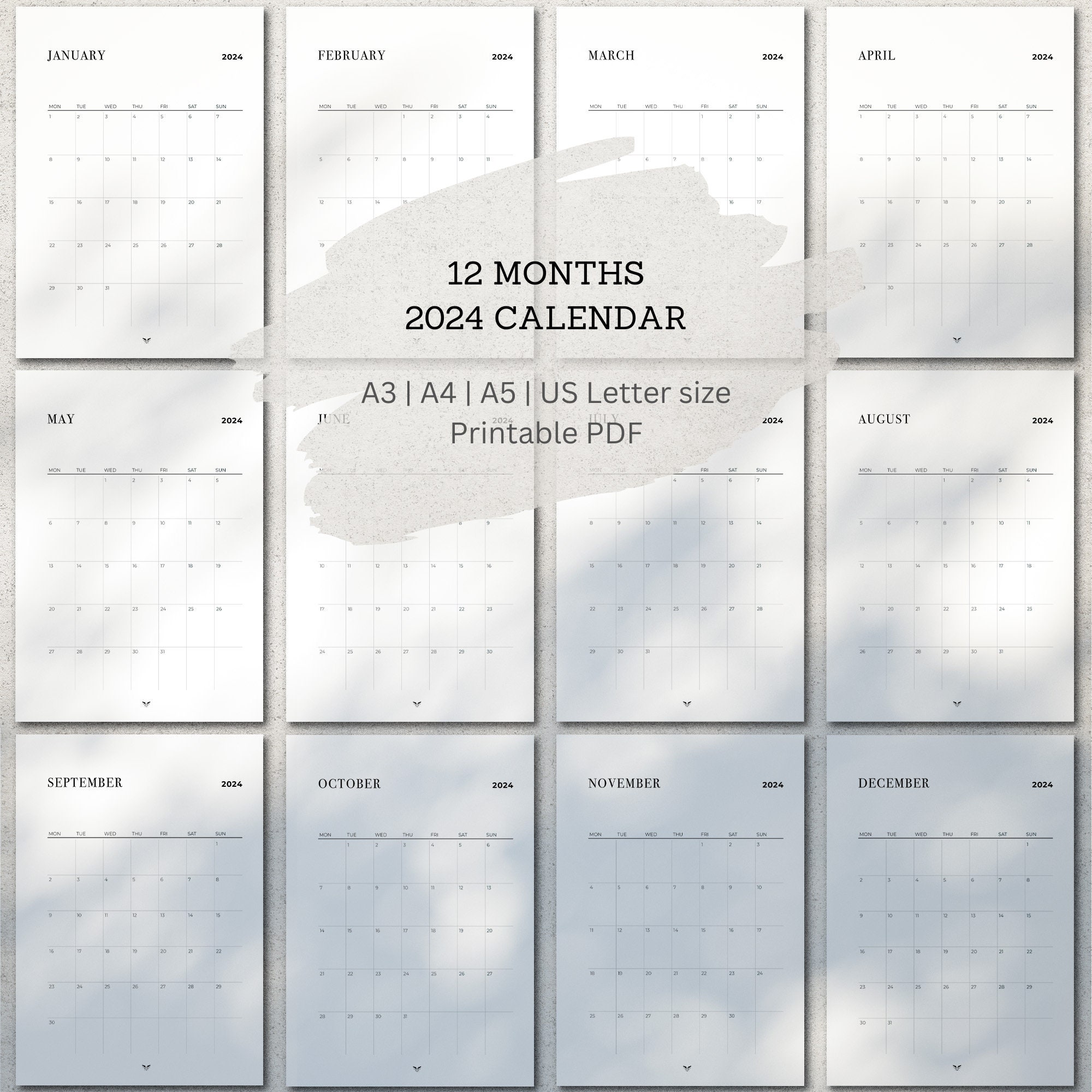 2024 Minimalist Monthly Calendar Monday Start January to - Etsy