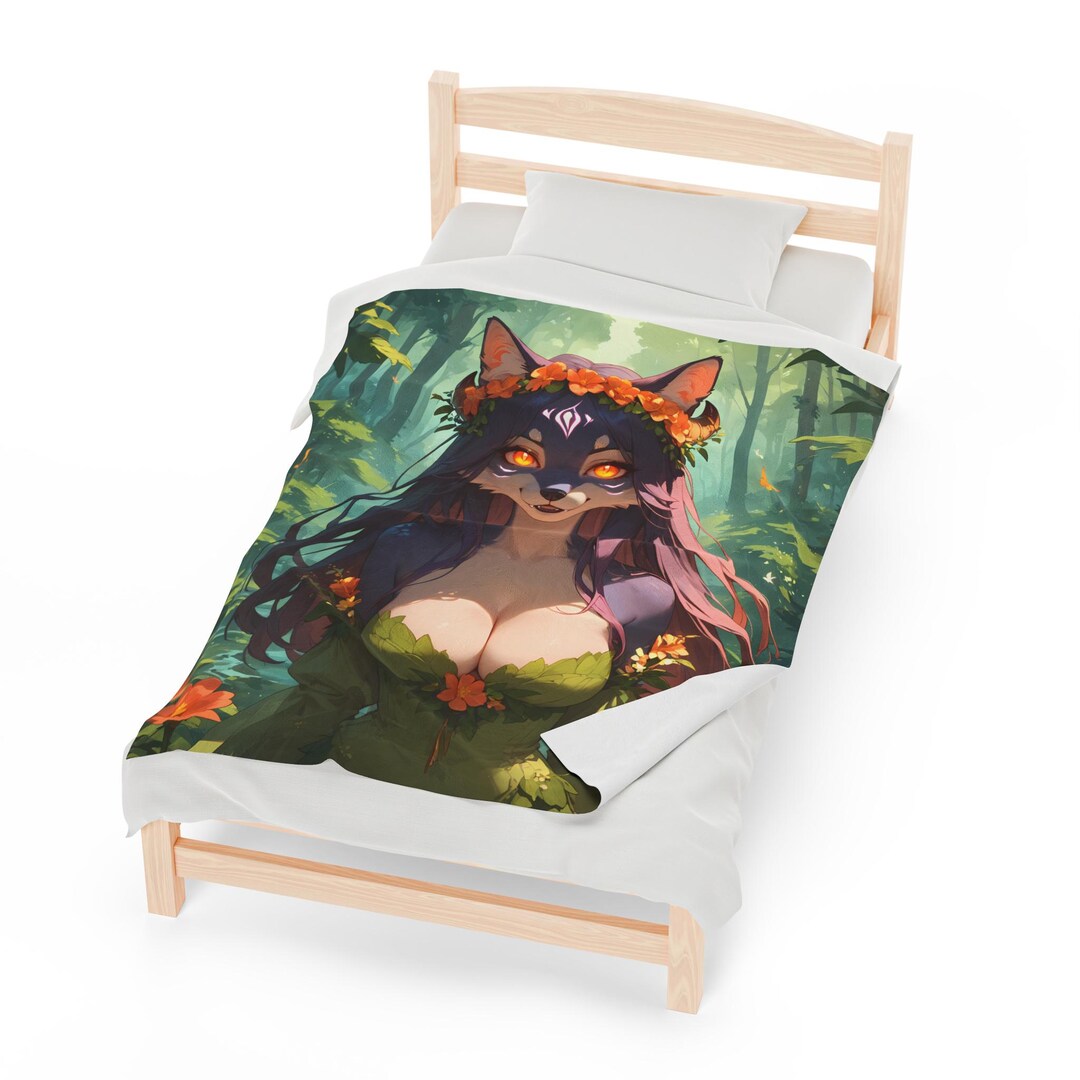 Anthro Wolf Girl Blanket With Design by Cattori Hanzo, Soft Animal Art Throw, Velveteen Plush ...