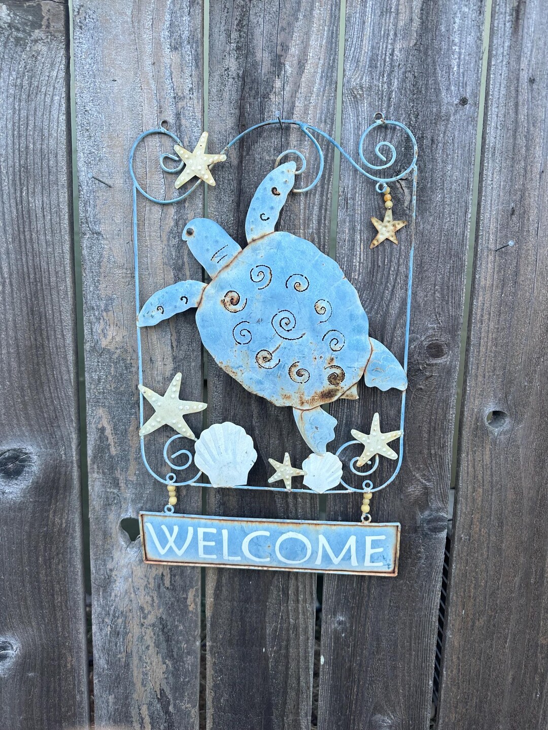 Yard Art Turquoise Sea Turtle Welcome Sign. Metal Wall Mount, Patio ...