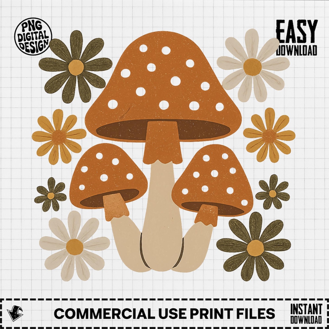 Retro Mushroom Clipart PNG: Groovy Floral Illustration (digital ...