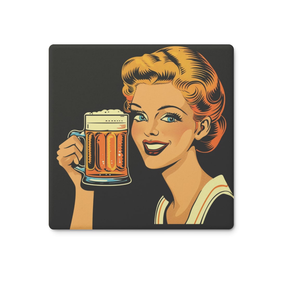 Retro Beer Lady Stone Coasters, Vintage Art Square Coasters, Set of 4 ...