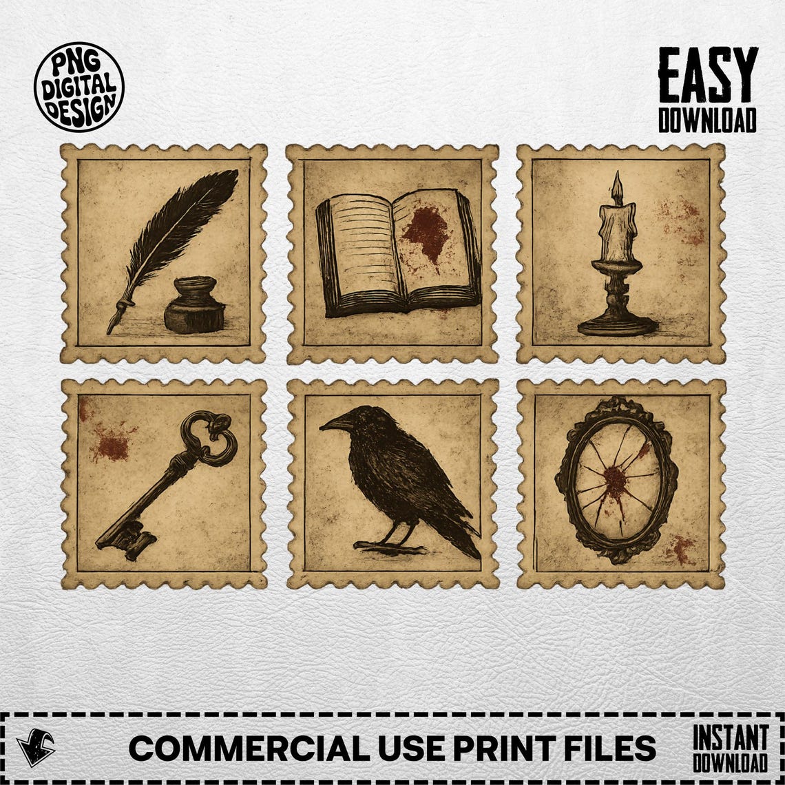 Gothic Stamp PNG, Macabre Postage Stamp, Feather Book Raven PNG, Key ...