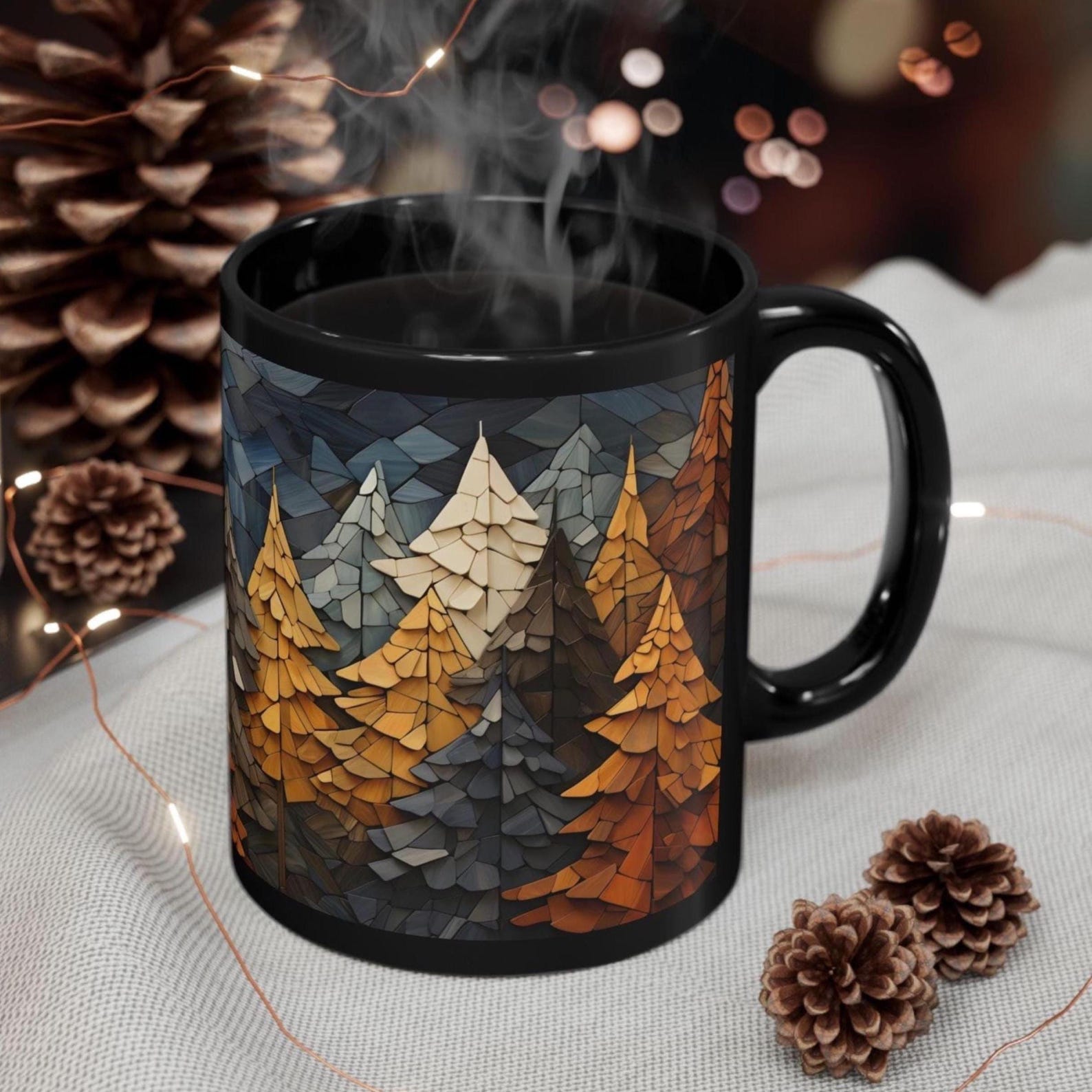 Wooden Mountain Forest Mug Pine Trees Camping Mug Printed Wood Mosaic ...