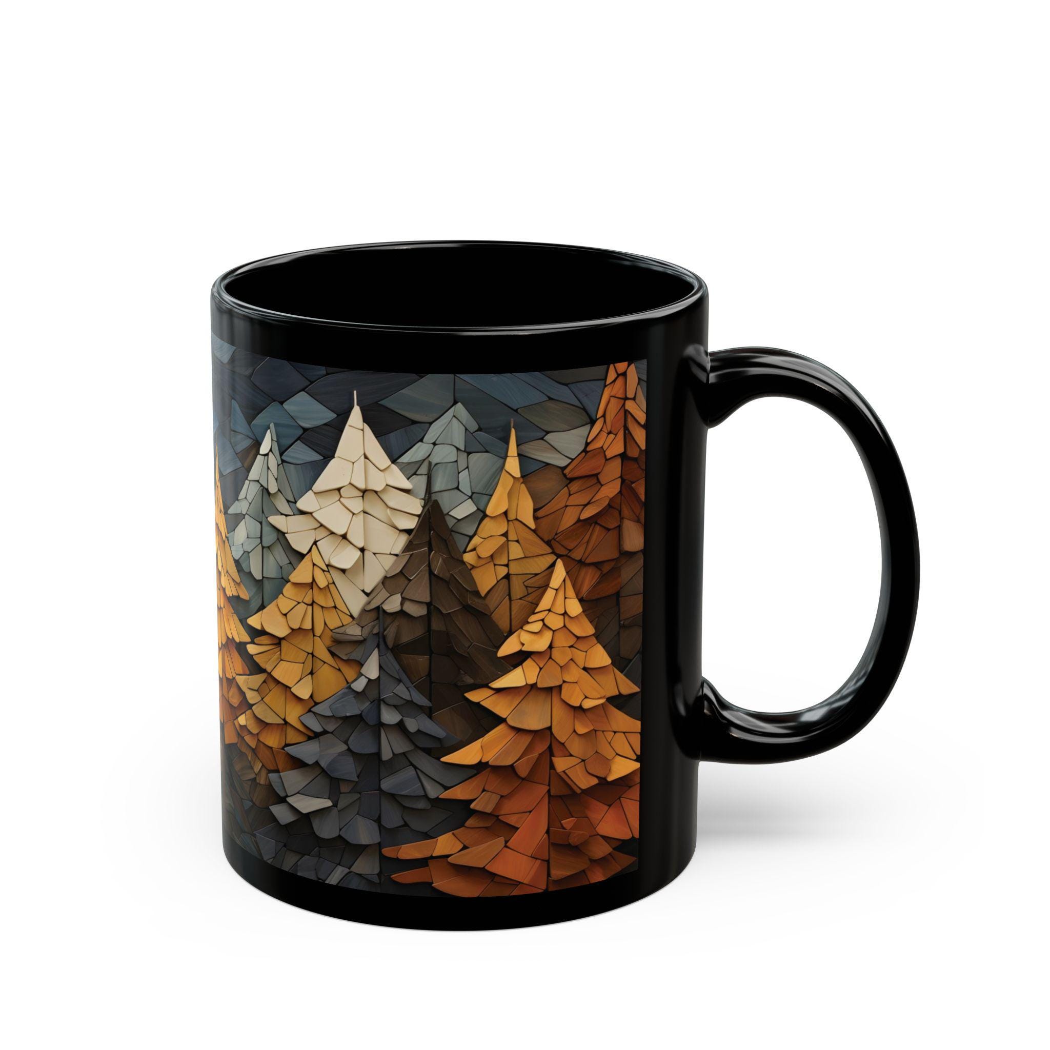 Wooden Mountain Forest Mug Pine Trees Camping Mug Printed Wood Mosaic ...