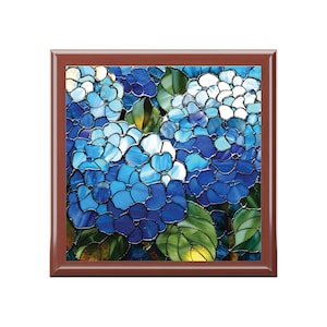 Blue Hydrangea Wooden Jewelry Box, Faux Stained Glass Floral Keepsake ...