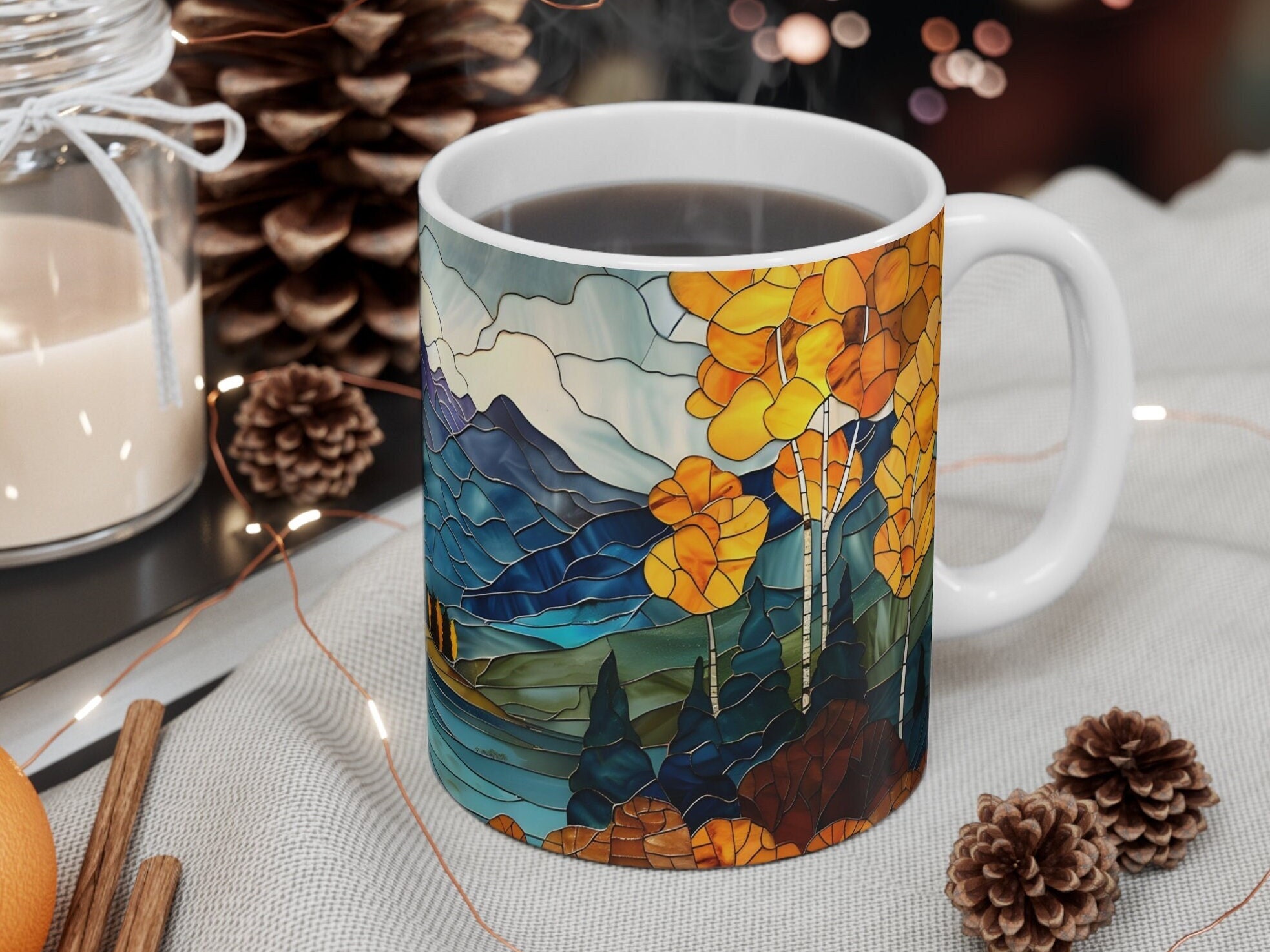 Aspen Trees Mountain Mug Stained Glass Aesthetic Fall Ceramic Coffee ...
