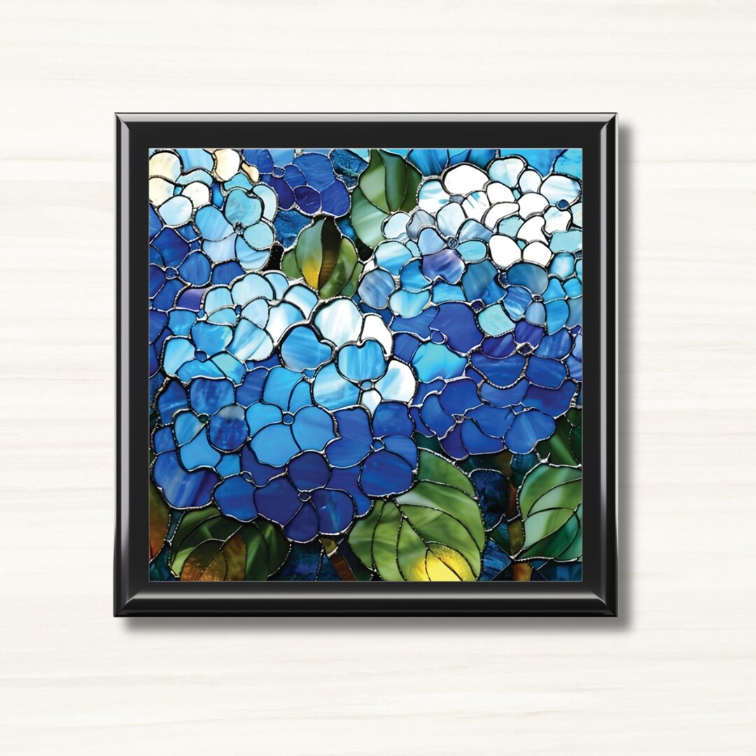 Blue Hydrangea Wooden Jewelry Box, Faux Stained Glass Floral Keepsake ...