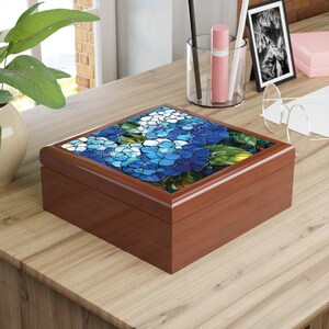 Blue Hydrangea Wooden Jewelry Box, Faux Stained Glass Floral Keepsake ...