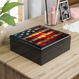 American Flag Keepsake Box Wooden Faux Stained Glass Memory Box Patriotic Jewelry Box With ...
