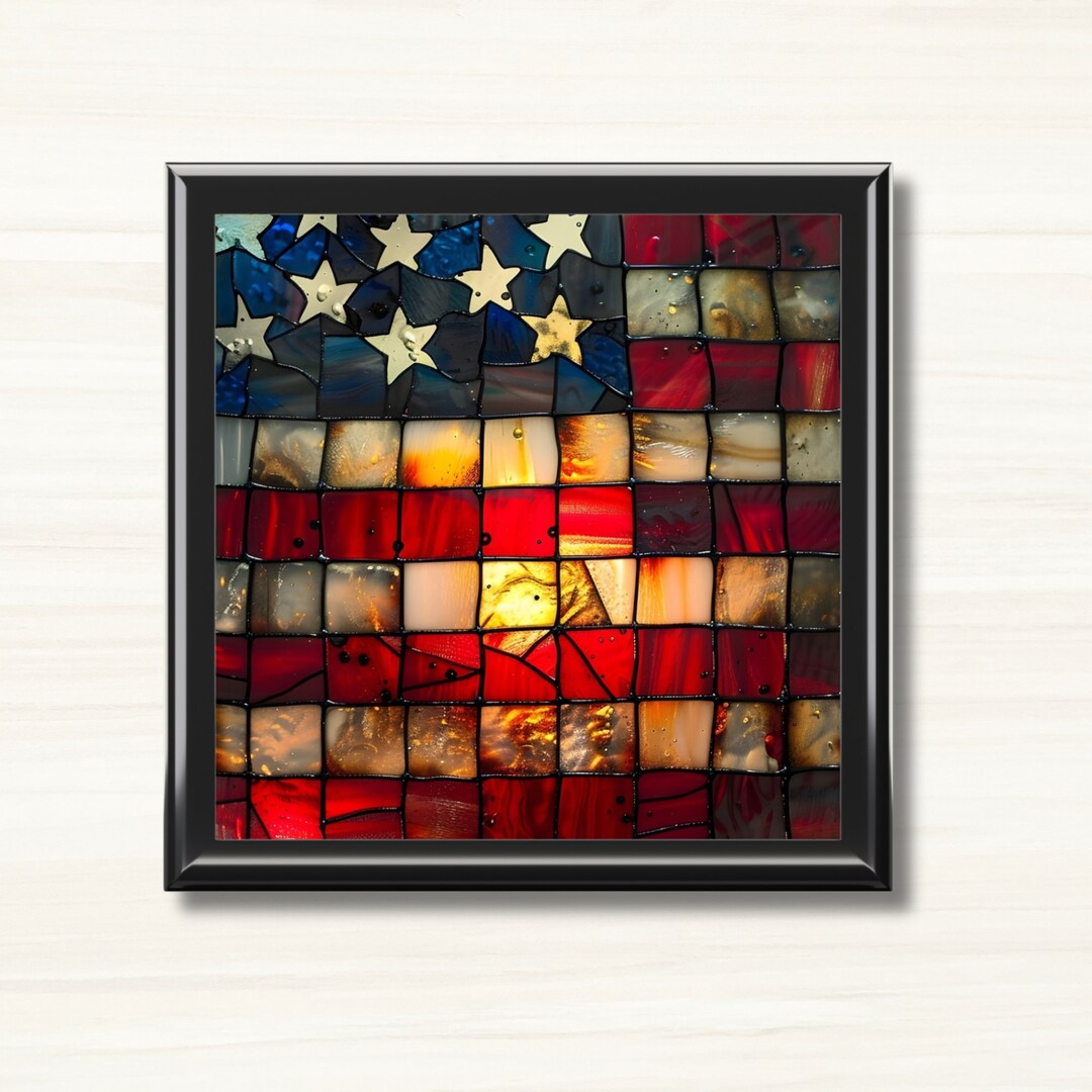 American Flag Keepsake Box Wooden Faux Stained Glass Memory Box Patriotic Jewelry Box With ...