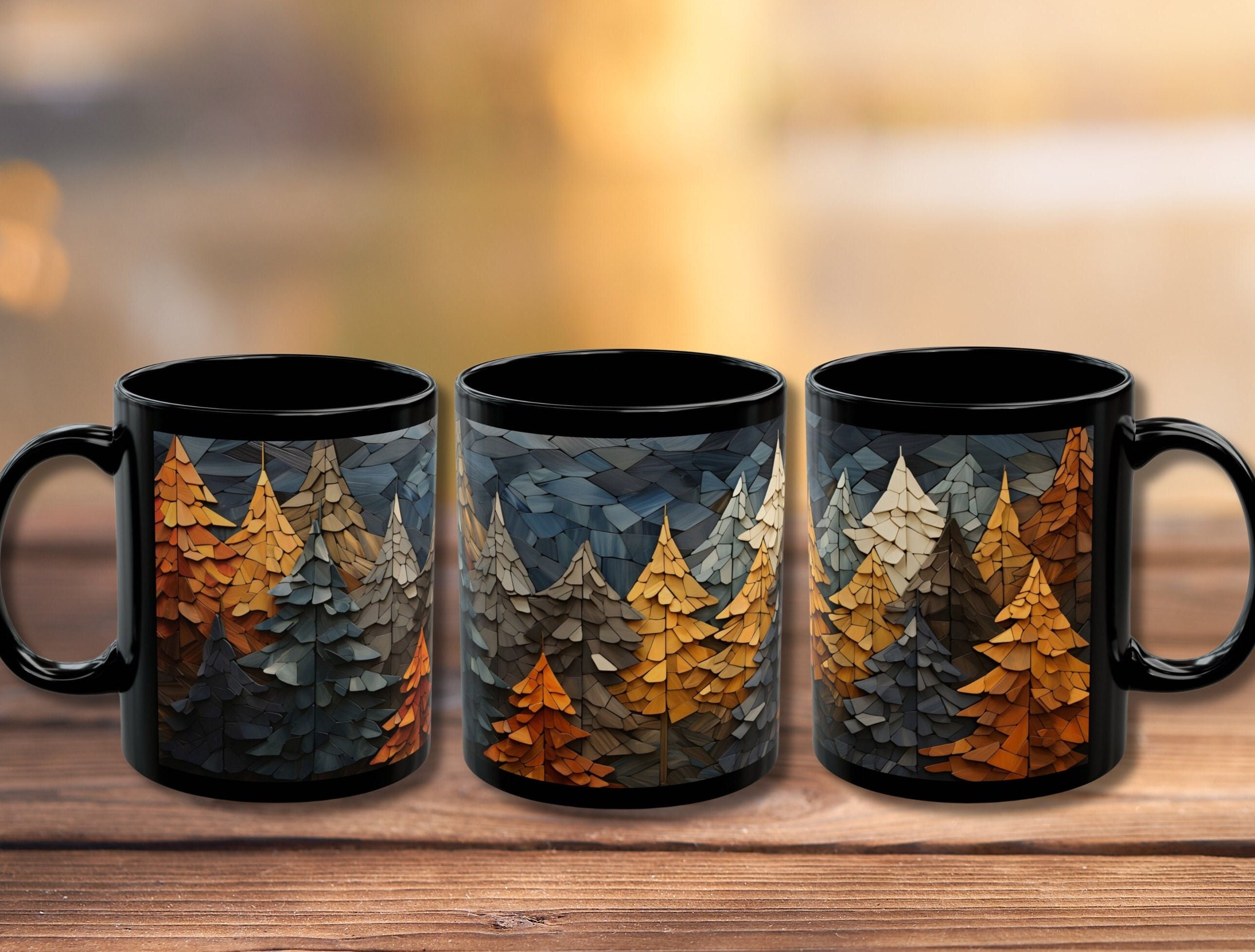 Wooden Mountain Forest Mug Pine Trees Camping Mug Printed Wood Mosaic ...
