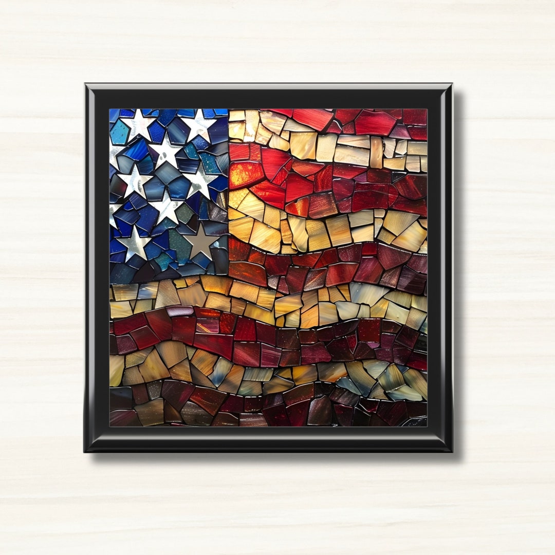 American Flag Keepsake Box, Wooden Memory Box, Patriotic Jewelry Box With Ceramic Tile Lid, Gift ...