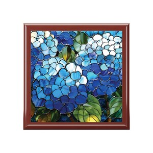 Blue Hydrangea Wooden Jewelry Box, Faux Stained Glass Floral Keepsake ...