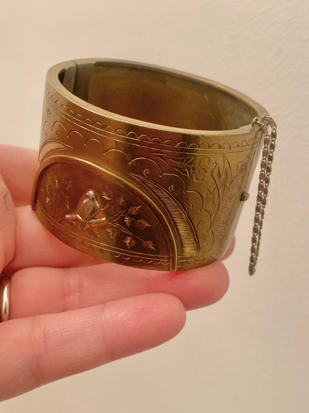 Edwardian Era Base Metal Etched Cuff With Small Silver Bird Appliqué ...