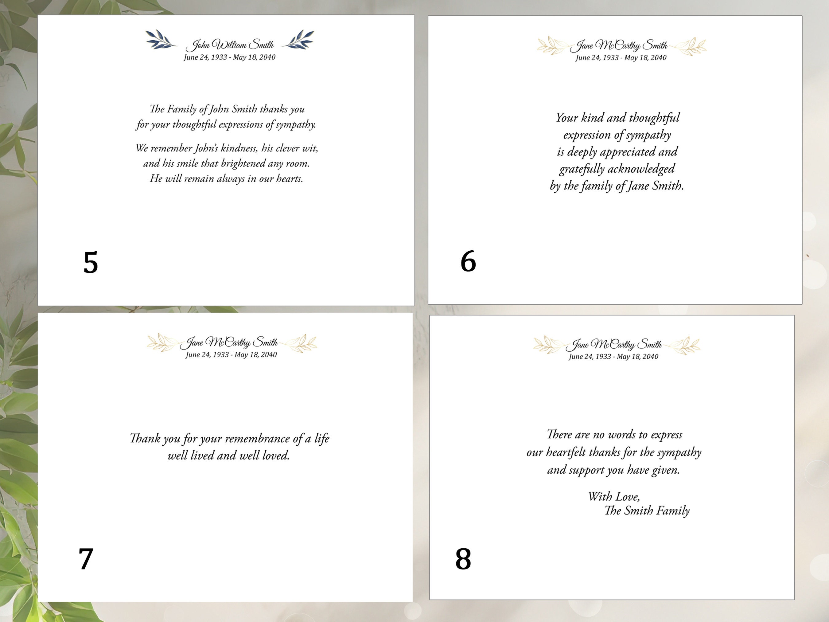 Funeral Thank You Notes Sympathy Acknowledgement Cards Blue Leaves - Etsy