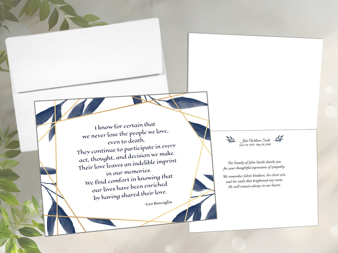 Funeral Thank You Notes Sympathy Acknowledgement Cards Blue Leaves - Etsy