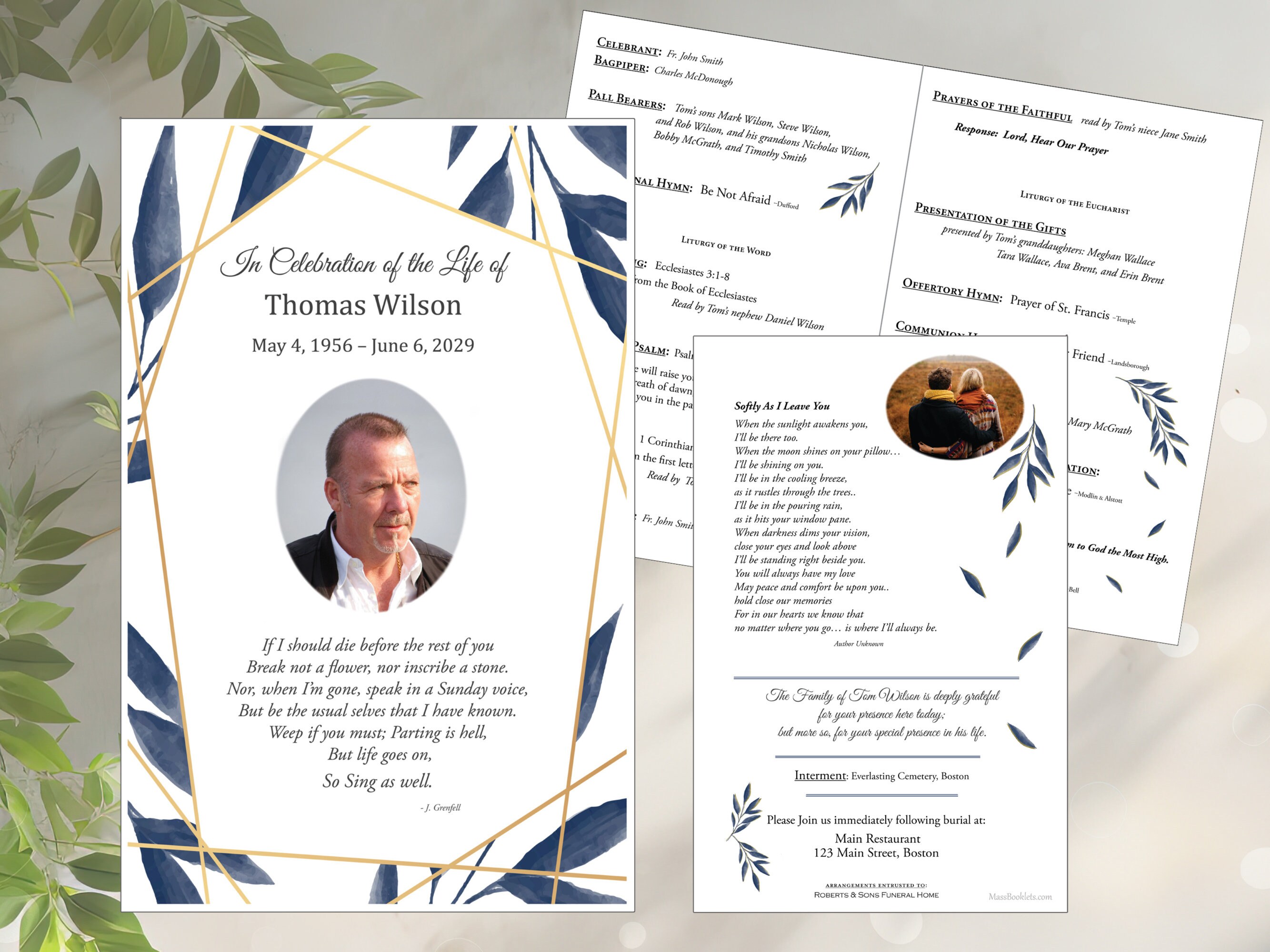 Custom Printed Funeral Mass Programs Blue Leaves - Etsy