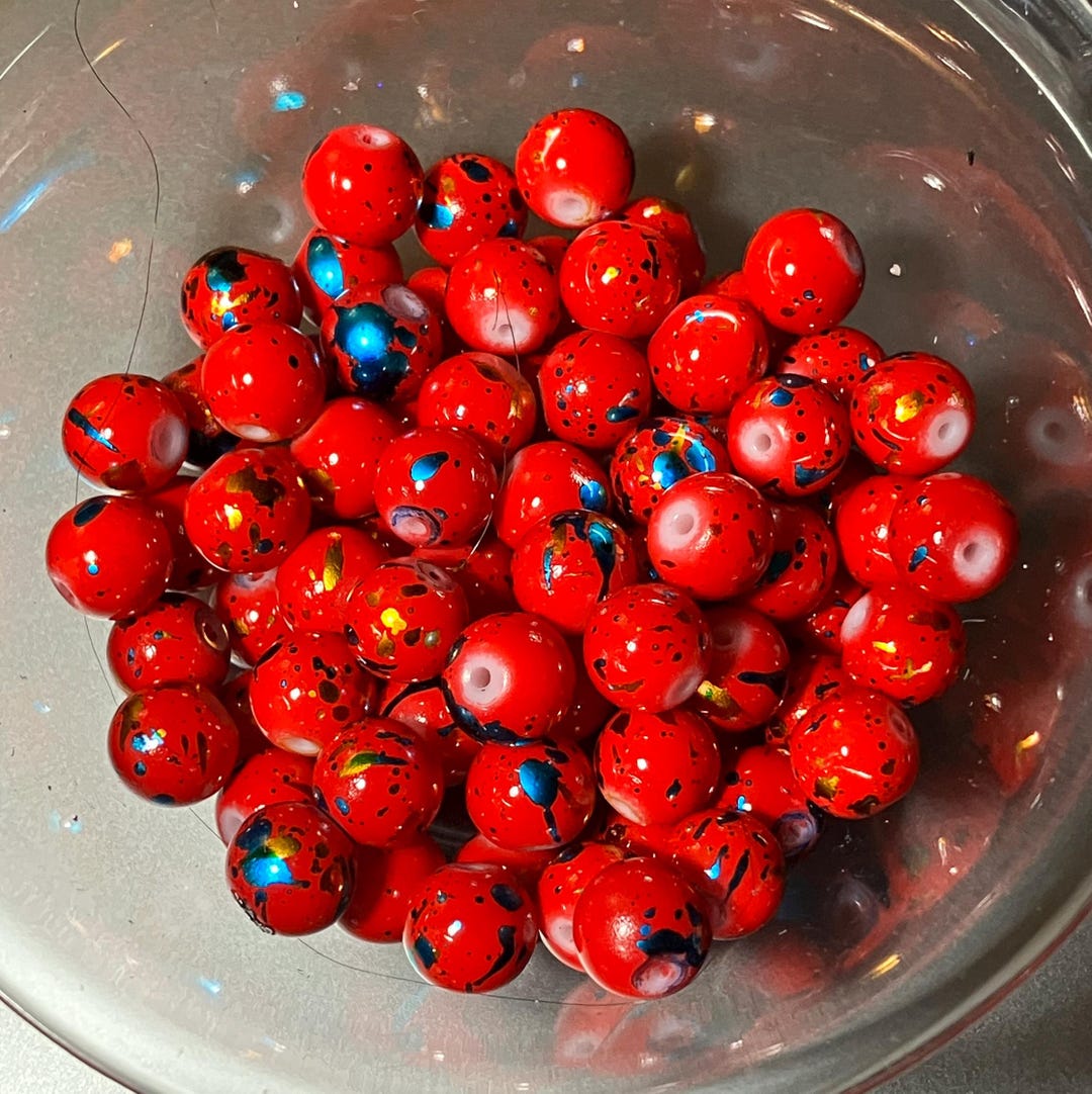 10mm Round Glass Bead Pack Red With Gold and Blue Metallic Flecks 25 ...