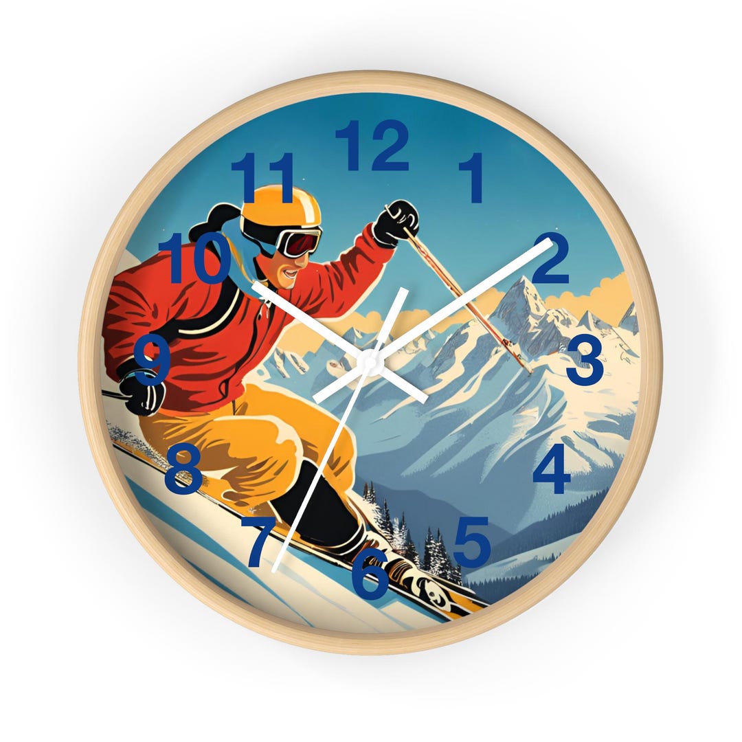 Ski Decor - Rustic Ski Wall Clock, Snowy Mountain Timepiece, Winter ...