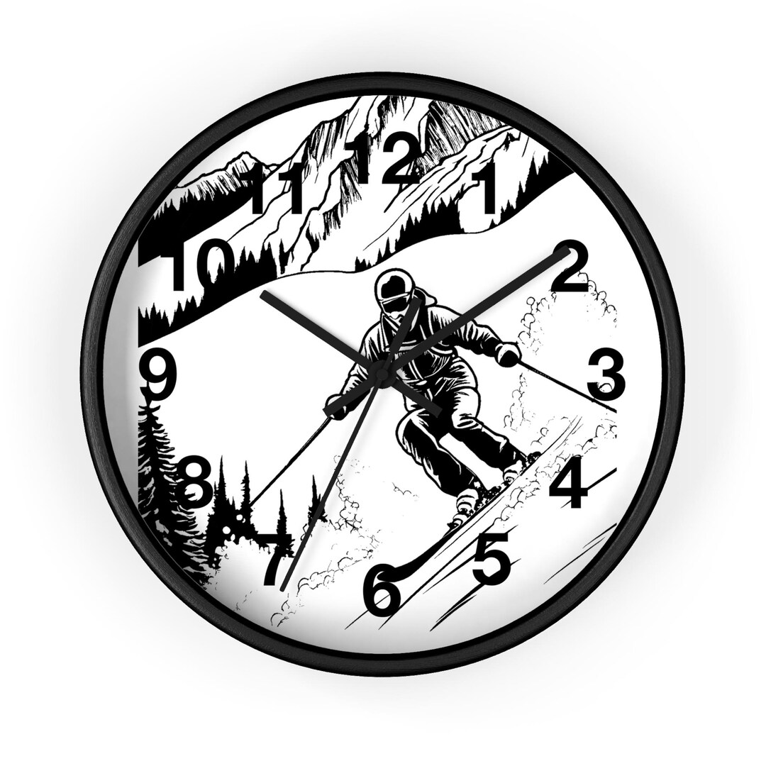 Ski Decor: Rustic Wooden Ski Wall Clock, Mountain Skiing Art for Lodge ...